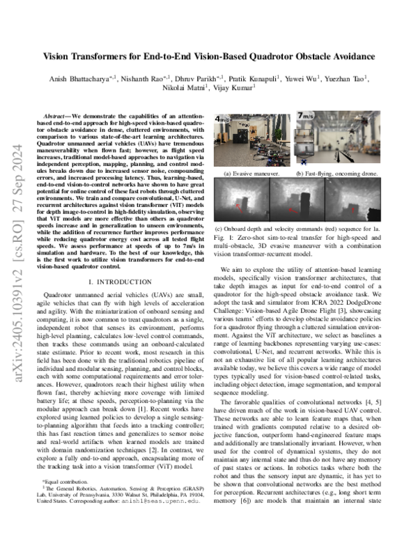 (PDF) Vision Transformers for End-to-End Vision-Based Quadrotor Obstacle Avoidance