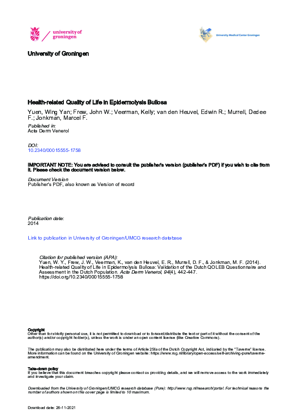 (PDF) Health-related quality of life in epidermolysis bullosa ...