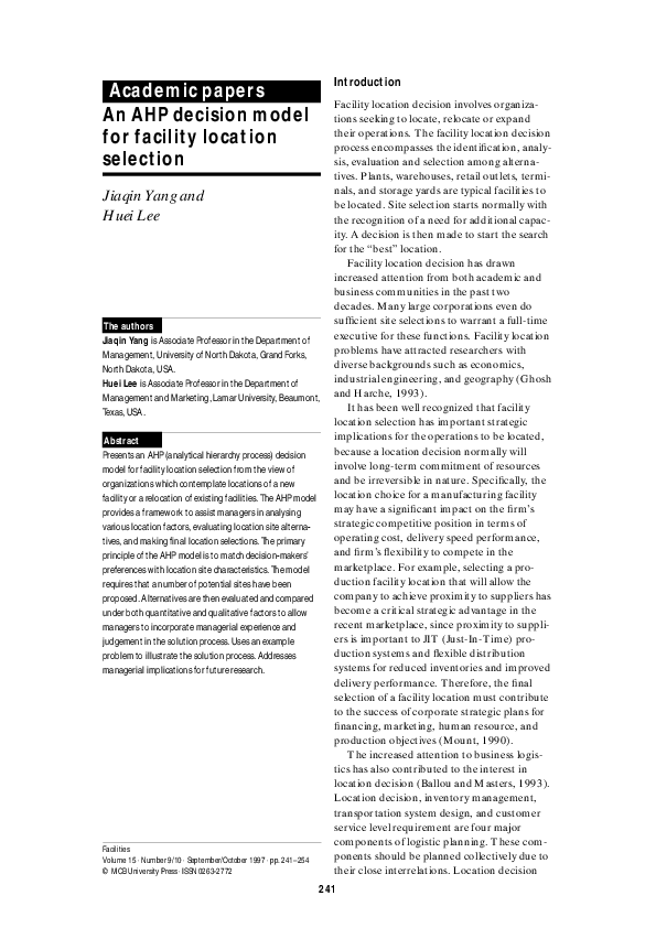 (PDF) An AHP decision model for facility location selection