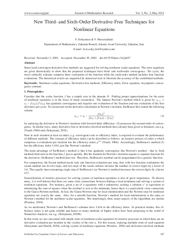 (PDF) New Third- and Sixth-Order Derivative-Free Techniques for Nonlinear Equations