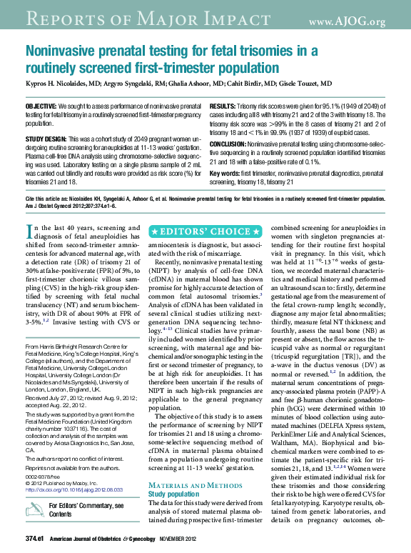(PDF) Noninvasive Prenatal Testing for Fetal Trisomies in a Routinely ...