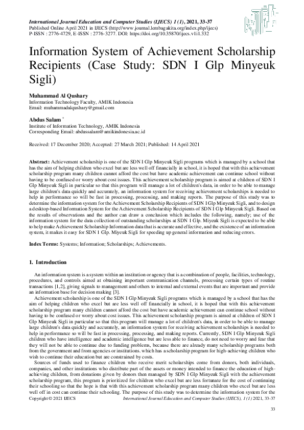 (PDF) Information System of Achievement Scholarship Recipients (Case ...