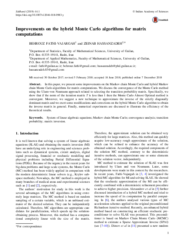 (PDF) Improvements on the hybrid Monte Carlo algorithms for matrix computations