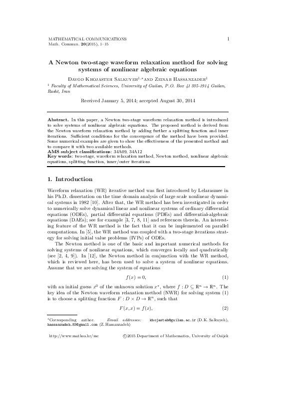 (PDF) A newton two-stage waveform relaxation method for solving systems of nonlinear algebraic ...