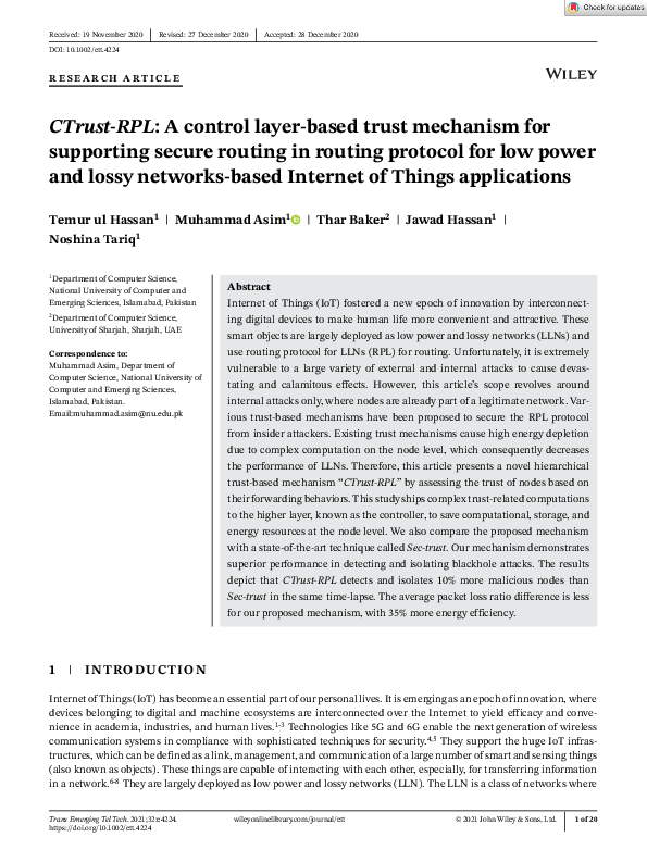 (PDF) CTrust‐RPL: A control layer‐based trust mechanism for supporting secure routing in routing ...