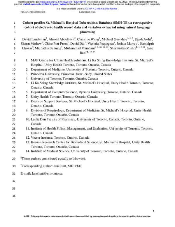 (PDF) Cohort profile: St. Michael’s Hospital Tuberculosis Database (SMH-TB), a retrospective ...