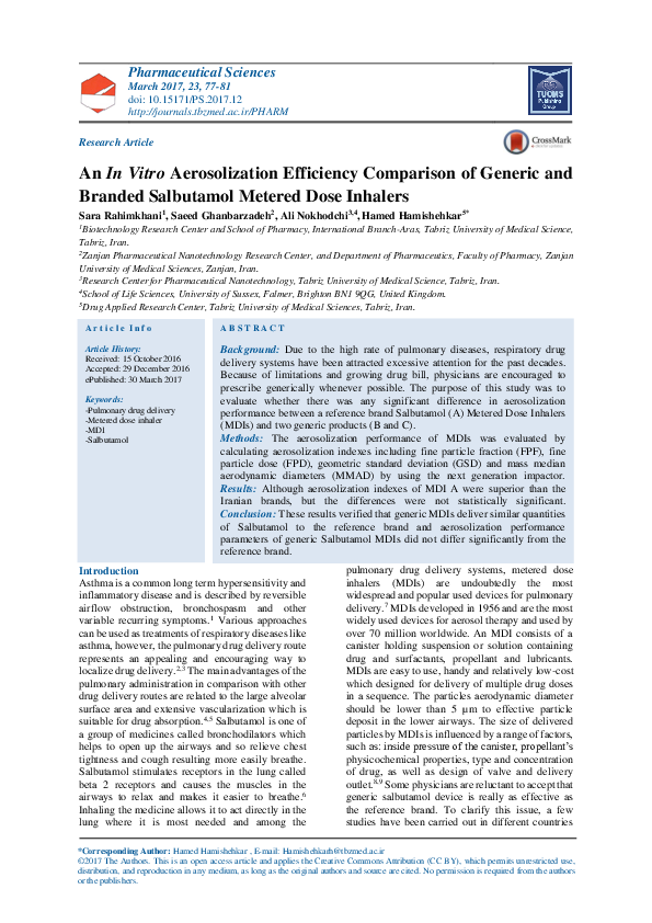(PDF) An In Vitro Aerosolization Efficiency Comparison of Generic and ...