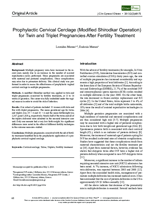 (PDF) Prophylactic Cervical Cerclage (Modified Shirodkar Operation) for ...
