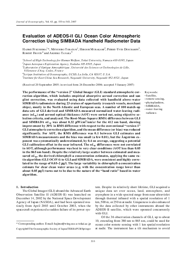 Pdf Evaluation Of Adeos Ii Gli Ocean Color Atmospheric Correction Using Simbada Handheld