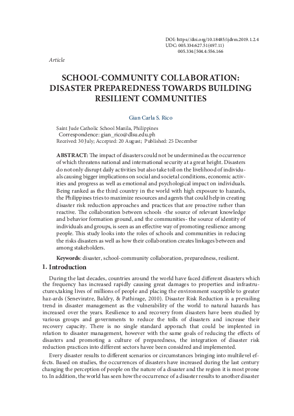 (PDF) School-Community Collaboration: Disaster Preparedness Towards Building Resilient Communities