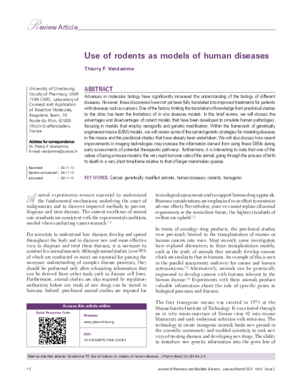 (PDF) Use of rodents as models of human diseases
