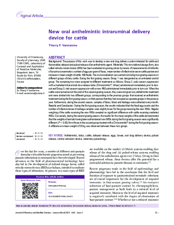 (PDF) New oral anthelmintic intraruminal delivery device for cattle