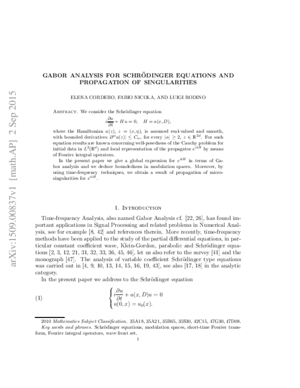 (PDF) Gabor Analysis for Schrödinger Equations and Propagation of ...