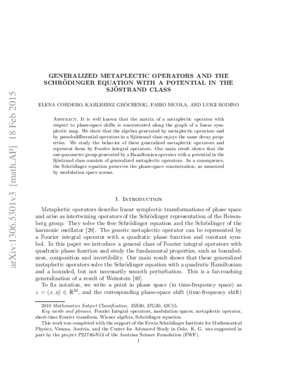 (PDF) Generalized metaplectic operators and the Schrödinger equation ...
