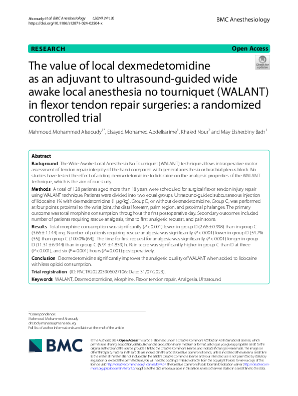 (PDF) The value of local dexmedetomidine as an adjuvant to ultrasound ...