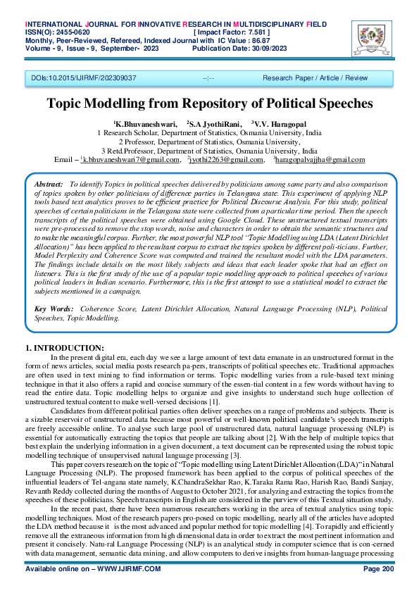 (PDF) Topic Modelling from Repository of Political Speeches