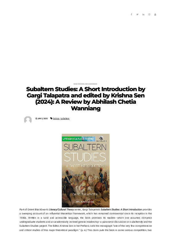 (PDF) Subaltern Studies: A Short Introduction by Gargi Talapatra and edited by Krishna Sen (2024 ...
