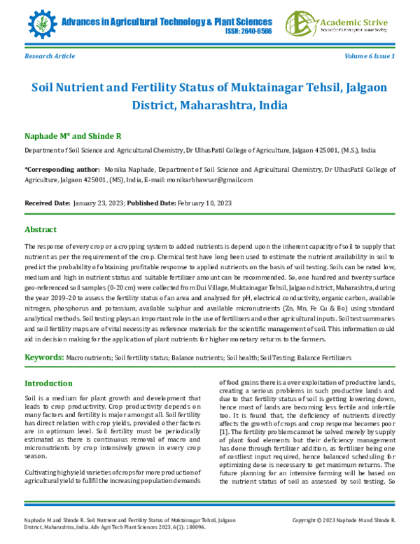 (PDF) Soil Nutrient and Fertility Status of Muktainagar Tehsil, Jalgaon District, Maharashtra, India