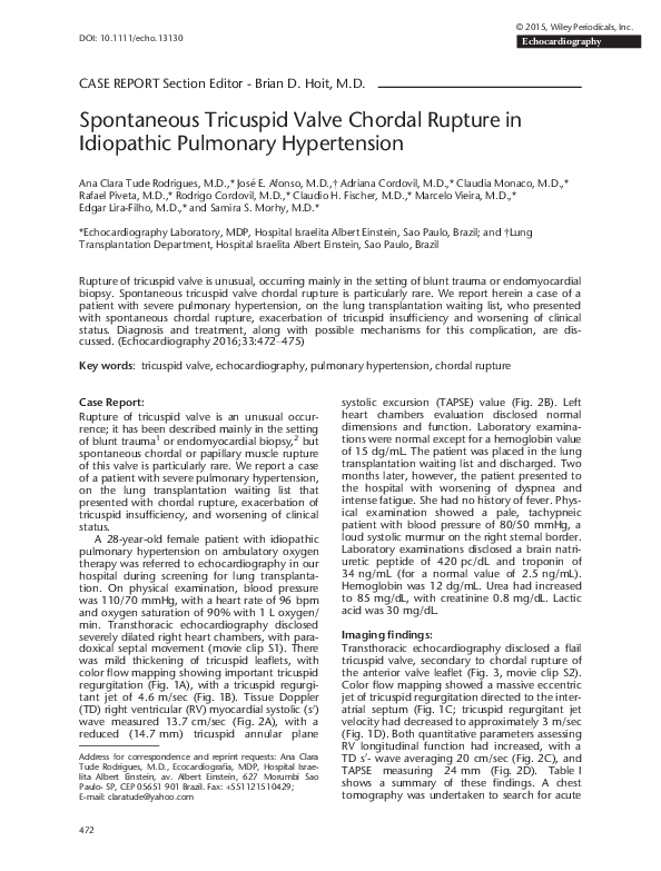 (PDF) Spontaneous Tricuspid Valve Chordal Rupture in Idiopathic ...