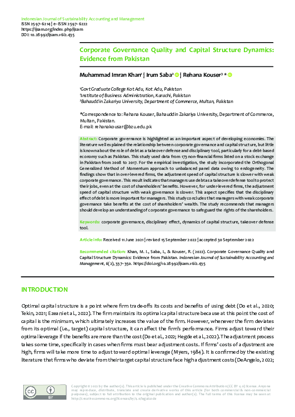 (PDF) Corporate Governance Quality and Capital Structure Dynamics: Evidence from Pakistan