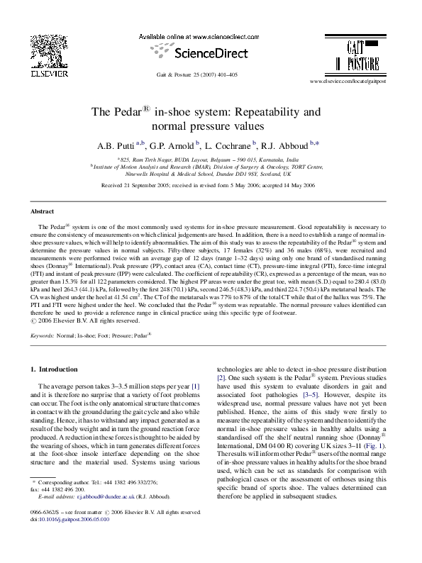 (PDF) The Pedar® in-shoe system: Repeatability and normal pressure values