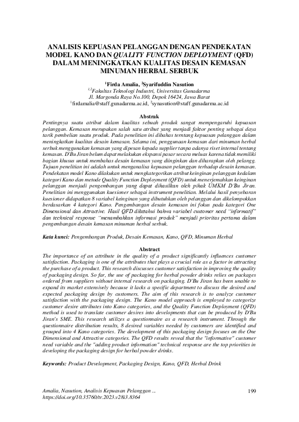 (PDF) Analisis Kepuasan Pelanggan Dengan Pendekatan Model Kano Dan Quality Function Deployment ...