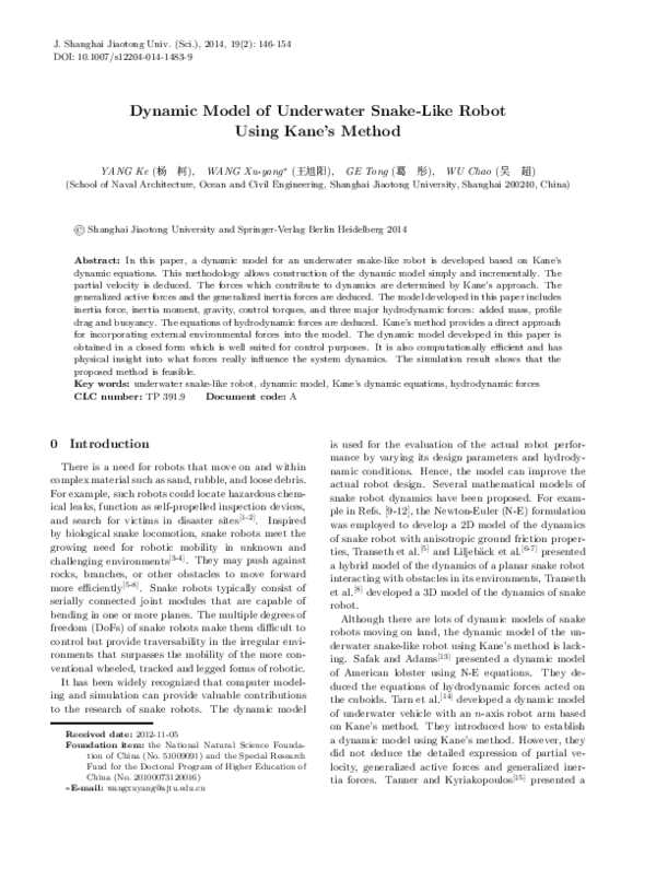 (PDF) Dynamic model of underwater snake-like robot using Kane’s method