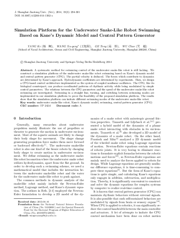 (PDF) Simulation platform for the underwater snake-like robot swimming based on Kane’s dynamic ...
