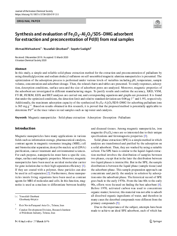 (PDF) Synthesis and evaluation of Fe 3 O 4 -Al 2 O 3 /SDS-DMG adsorbent ...