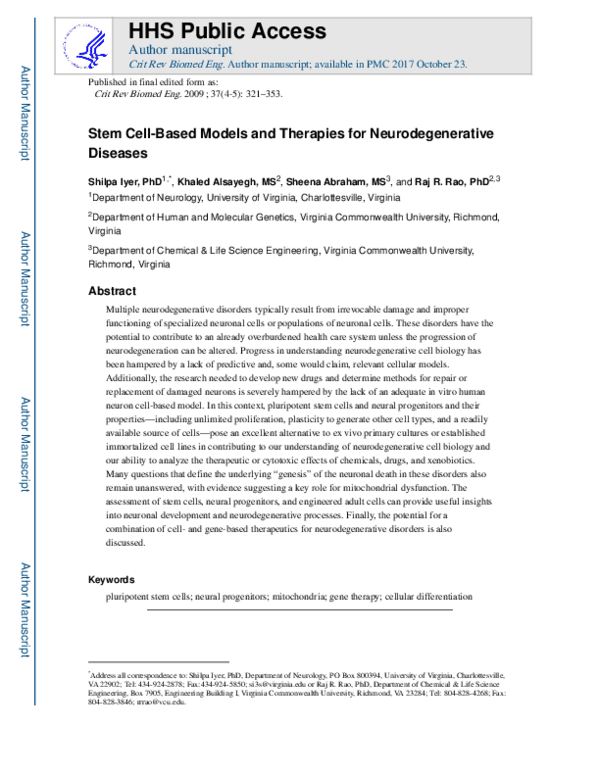 (PDF) Stem Cell-Based Models and Therapies for Neurodegenerative Diseases