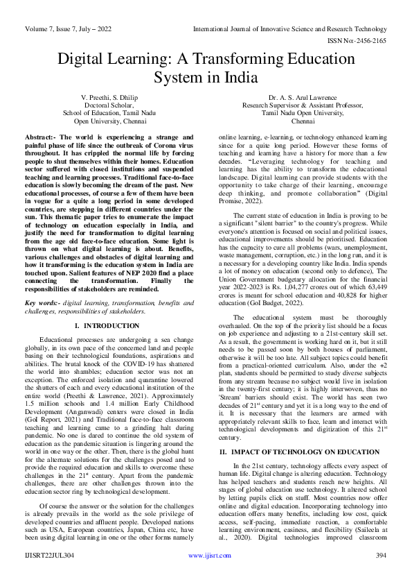 (PDF) Digital Learning: A Transforming Education System in India