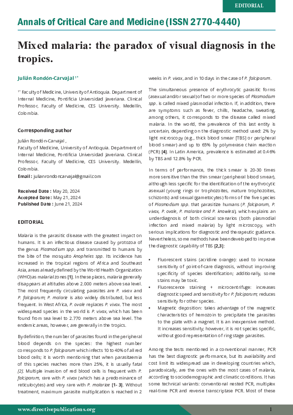 (PDF) Mixed malaria: the paradox of visual diagnosis in the tropics