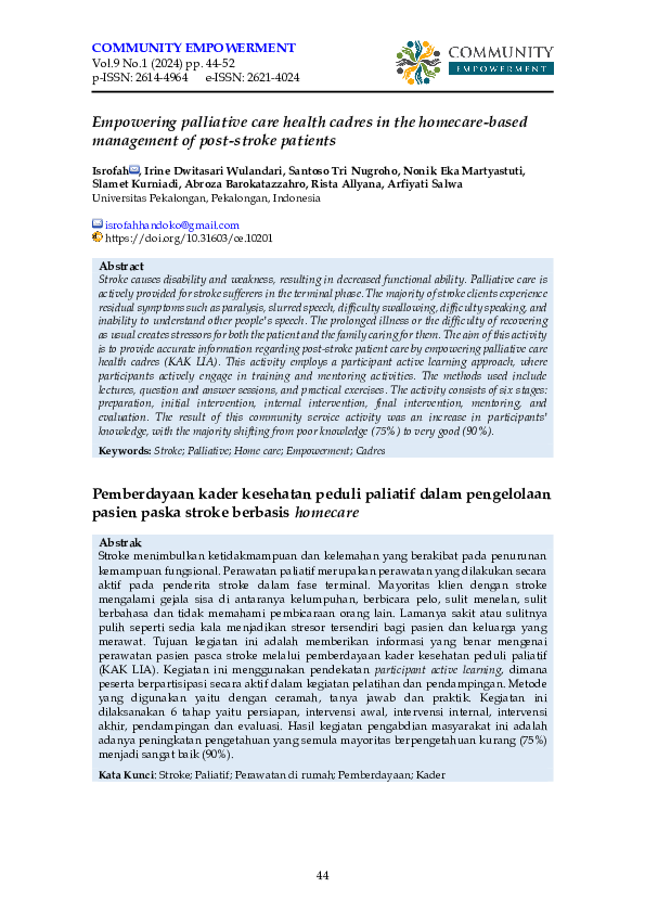 (PDF) Empowering palliative care health cadres in the homecare-based management of post-stroke ...