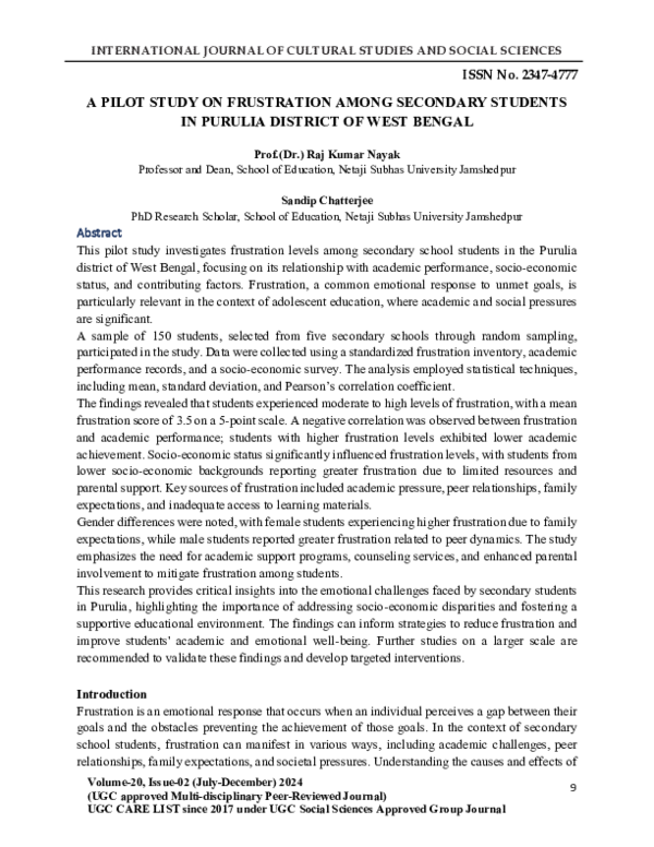 (PDF) A PILOT STUDY ON FRUSTRATION AMONG SECONDARY STUDENTS IN PURULIA ...