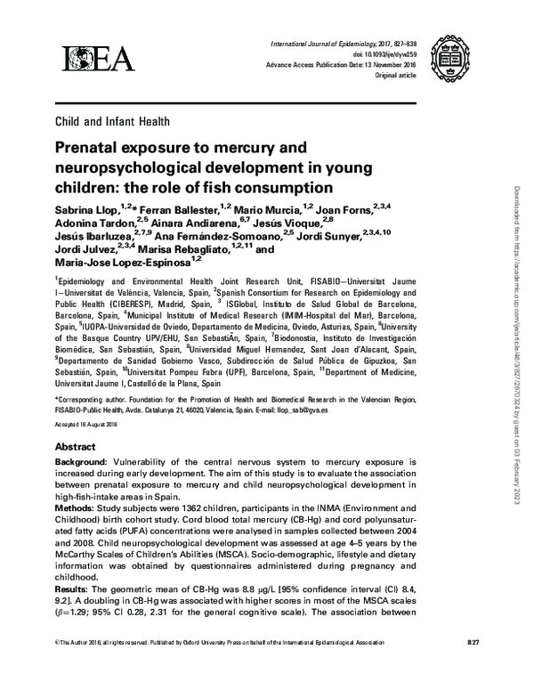 (PDF) Prenatal exposure to mercury and neuropsychological development in young children: the ...