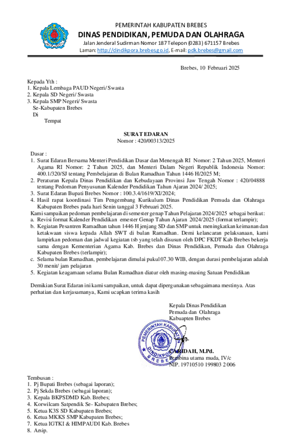 (PDF) Surat Edaran Pembelajaran Ramadhan 1446 H Kabupaten Brebes