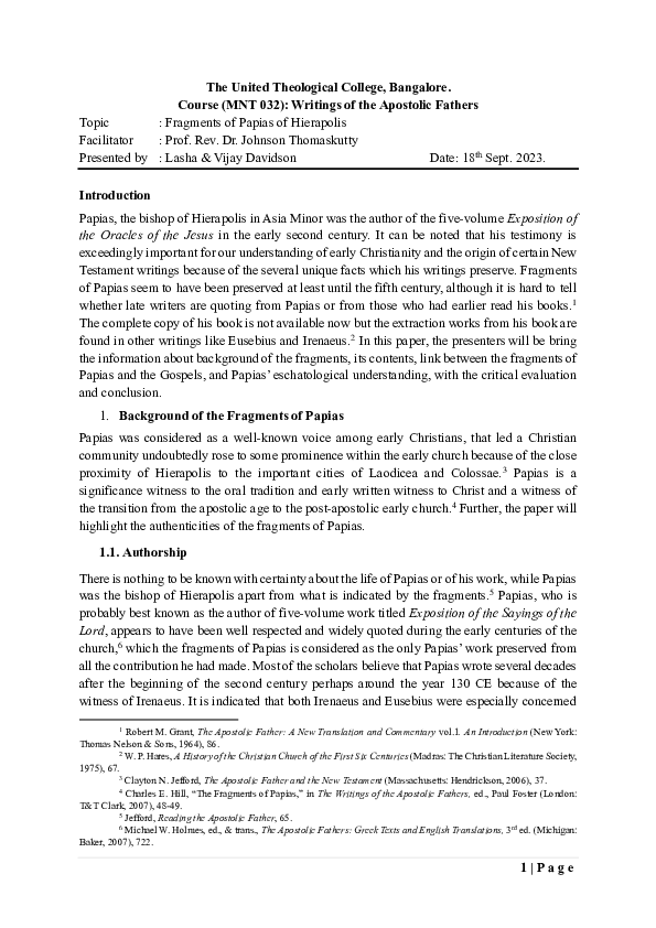 (PDF) Writings of the Apostolic Fathers Topic : Fragments of Papias of ...