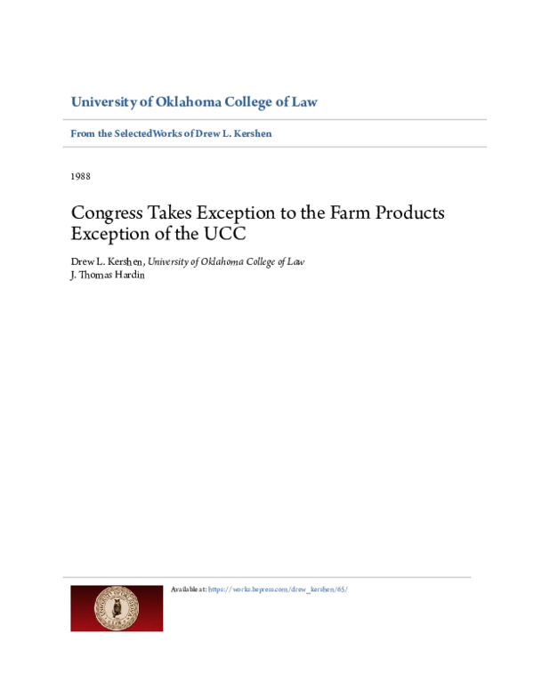 (PDF) Congress Takes Exception to the Farm Products Exception of the UCC