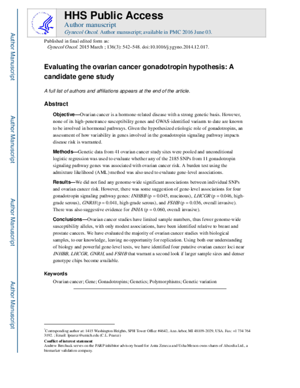 (PDF) Evaluating the ovarian cancer gonadotropin hypothesis: A candidate gene study