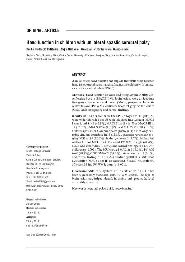 (PDF) Hand function in children with unilateral spastic cerebral palsy