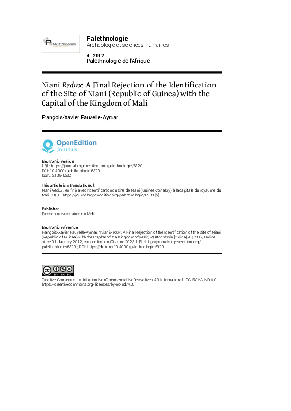 (PDF) Niani Redux: A Final Rejection of the Identification of the Site ...