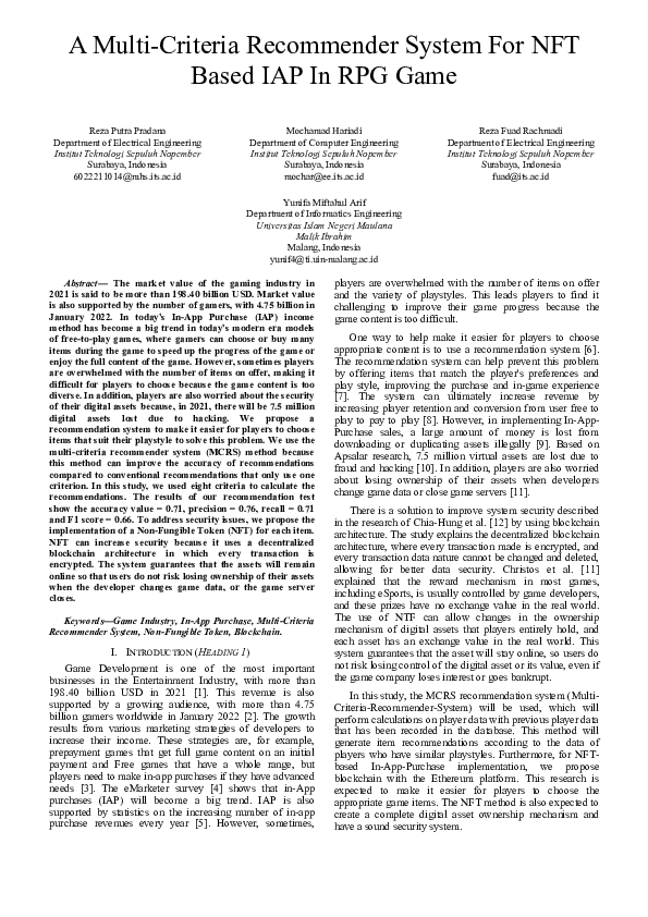 (PDF) A Multi-Criteria Recommender System For NFT Based IAP In RPG Game