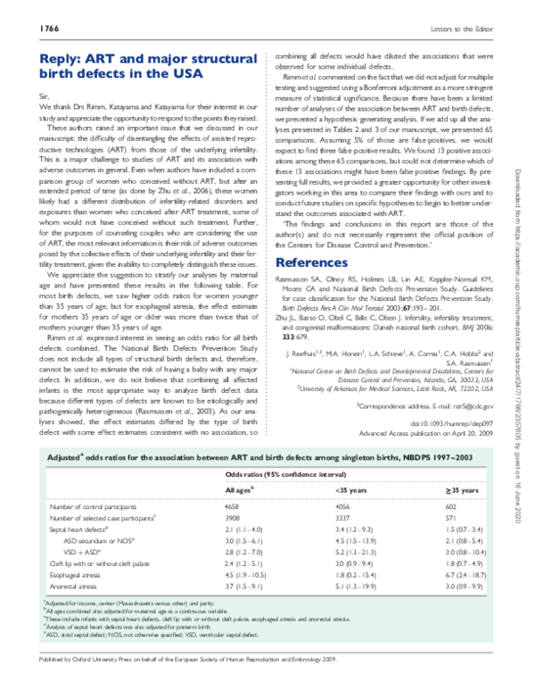 (PDF) Reply: ART and major structural birth defects in the USA