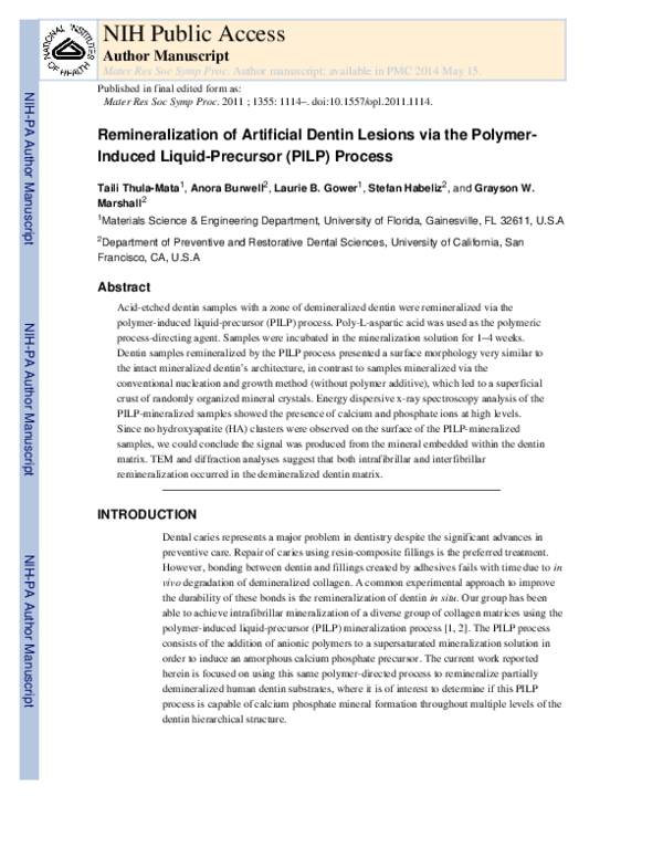 (PDF) Remineralization of Artificial Dentin Lesions via the Polymer ...