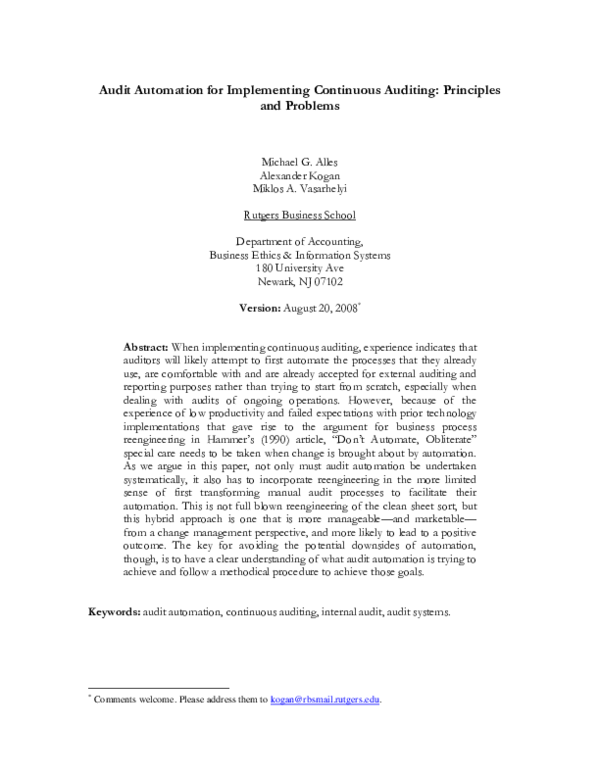 (PDF) Audit Automation for Implementing Continuous Auditing: Principles and Problems