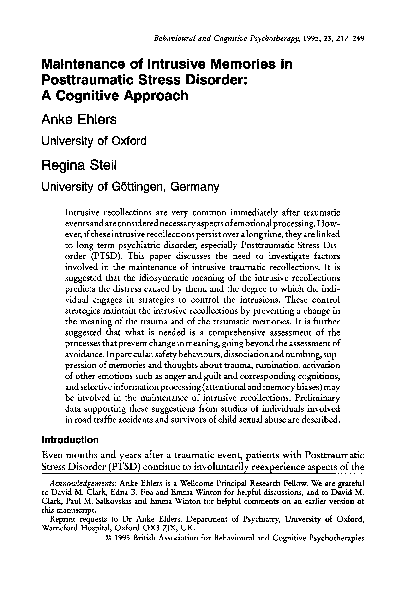 Maintenance of Intrusive Memories in Posttraumatic Stress Disorder: A ...