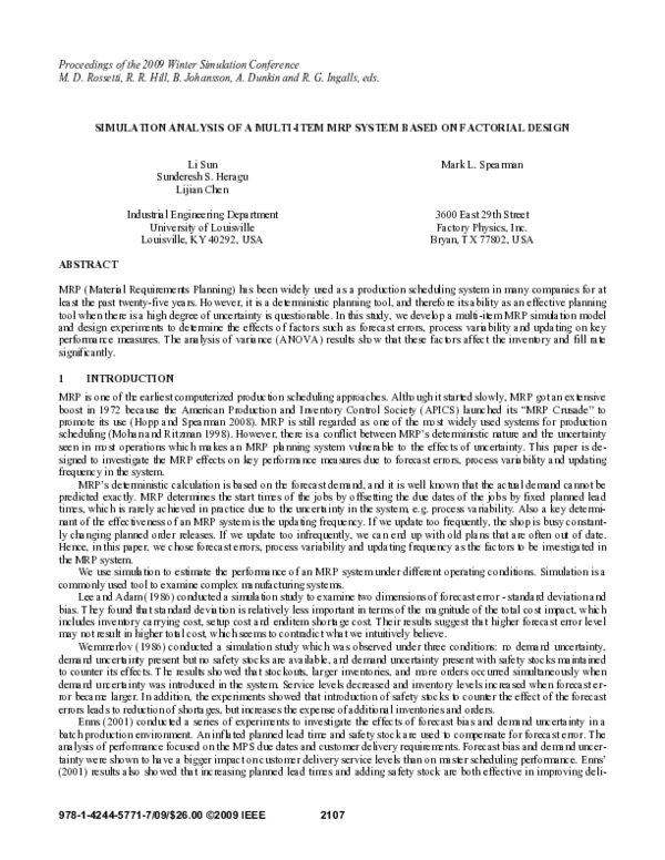 Pdf Simulation Analysis Of A Multi Item Mrp System Based On Factorial Design