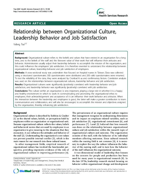(PDF) Relationship between Organizational Culture, Leadership Behavior and Job Satisfaction
