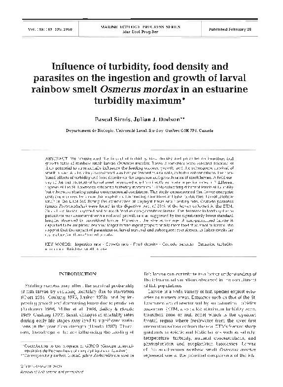(PDF) Influence of turbidity, food density and parasites on the ...