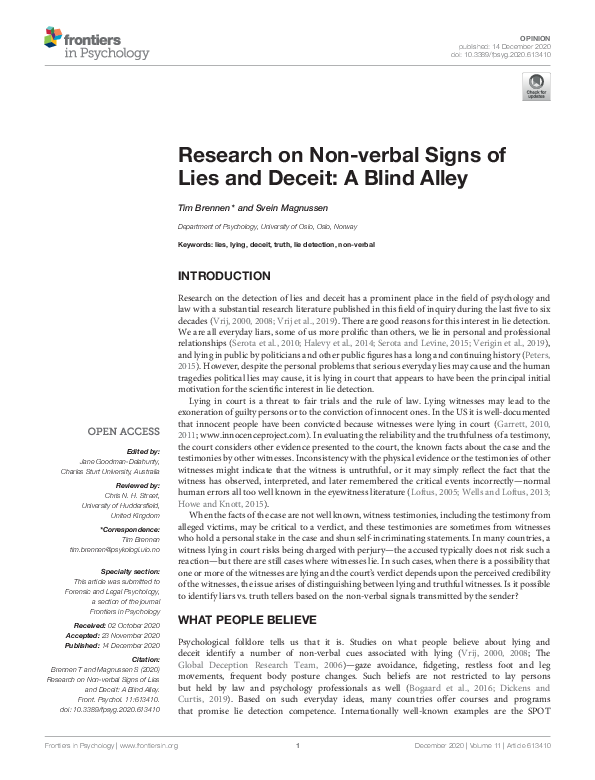 (PDF) Research on Non-verbal Signs of Lies and Deceit: A Blind Alley